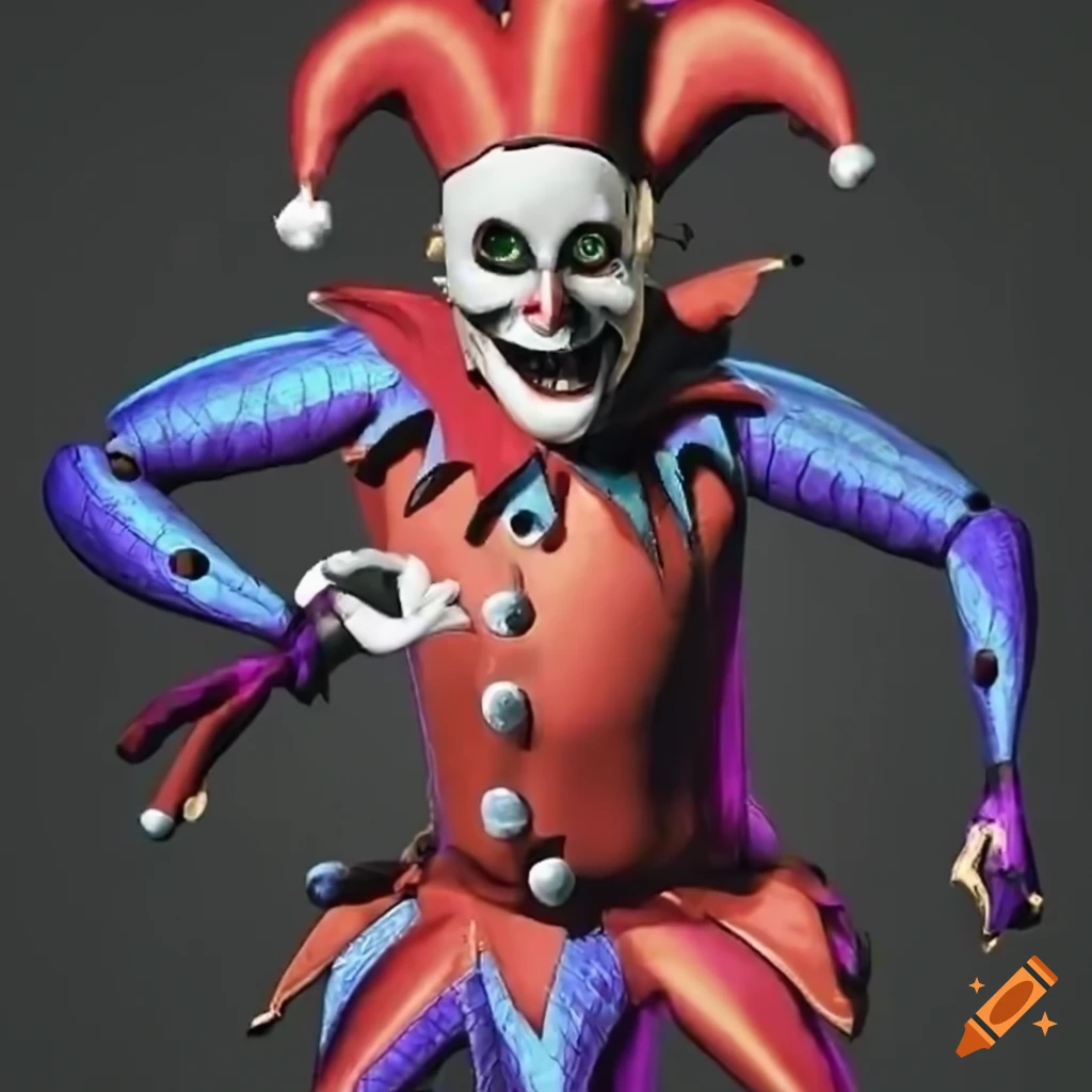 Animatronic jester with colorful clothing and wide grin mask on Craiyon