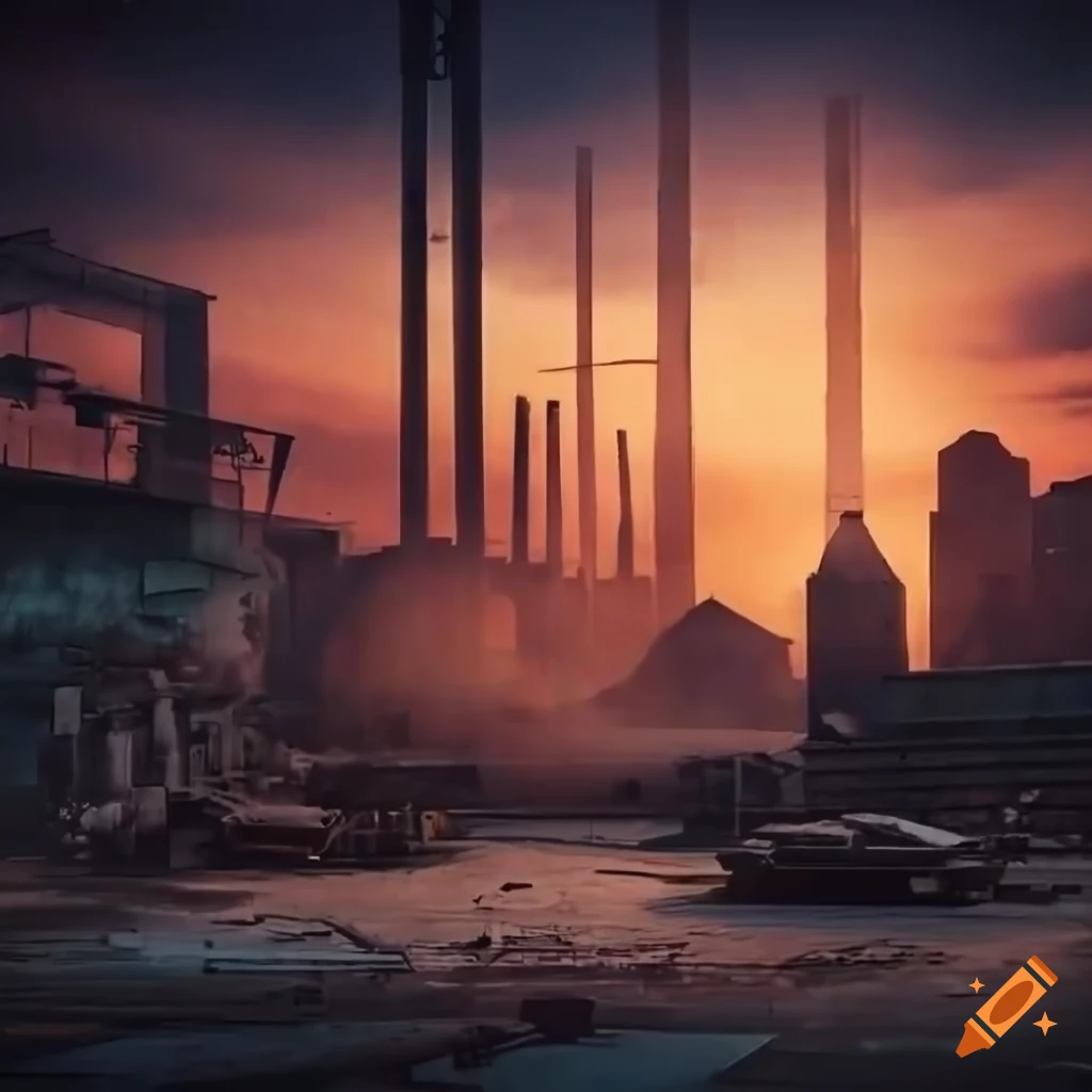 Post-apocalyptic weapon factory complex at sunset with 50's ...