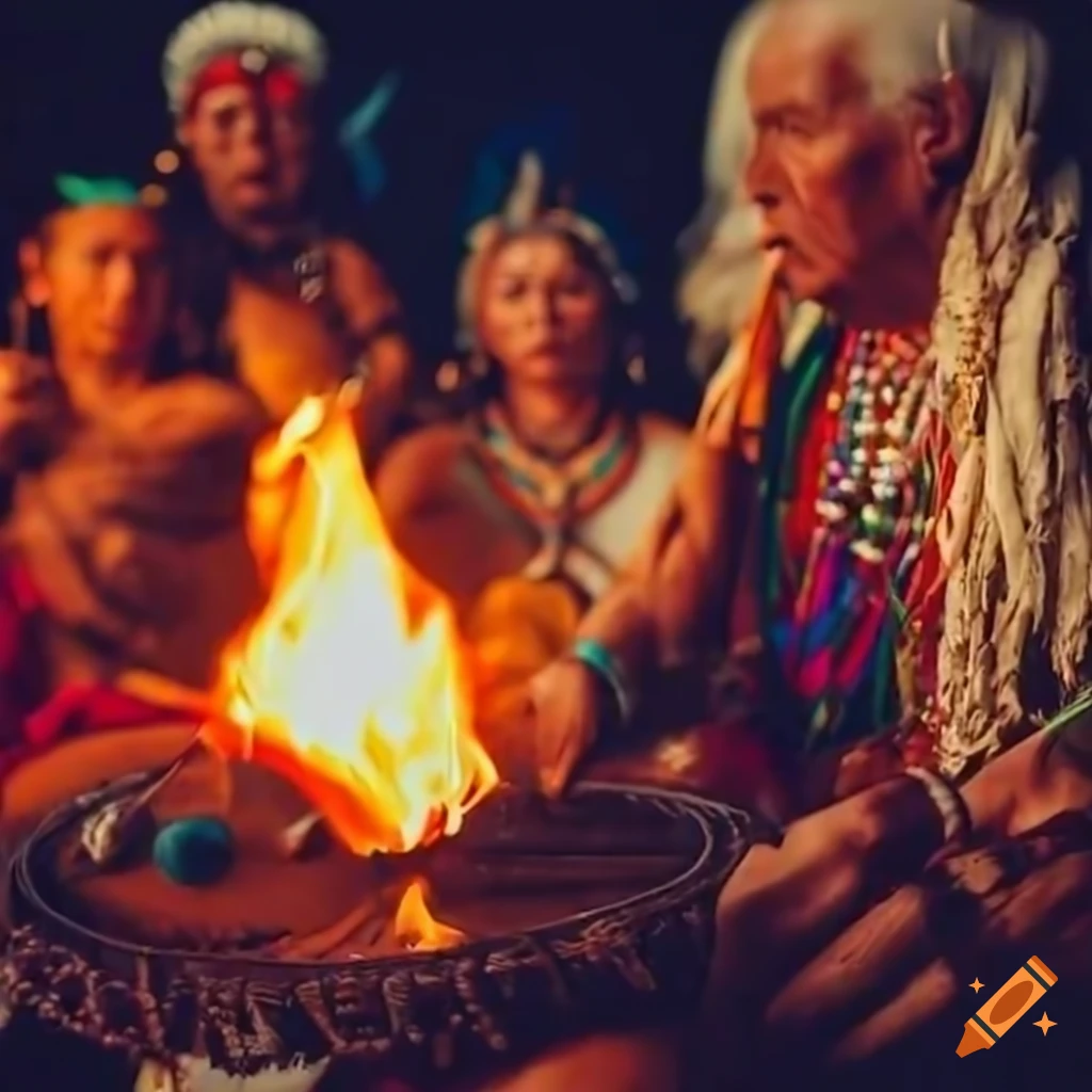 Shamanic drumming ritual around a fire with four people on Craiyon