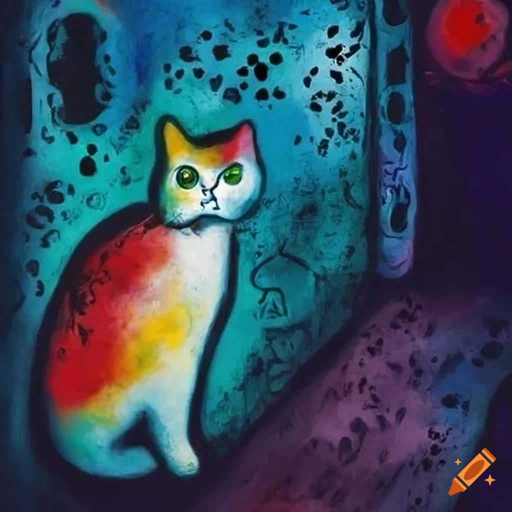 Ghostly cat in a dark alley with colorful Marc Chagall style on Craiyon