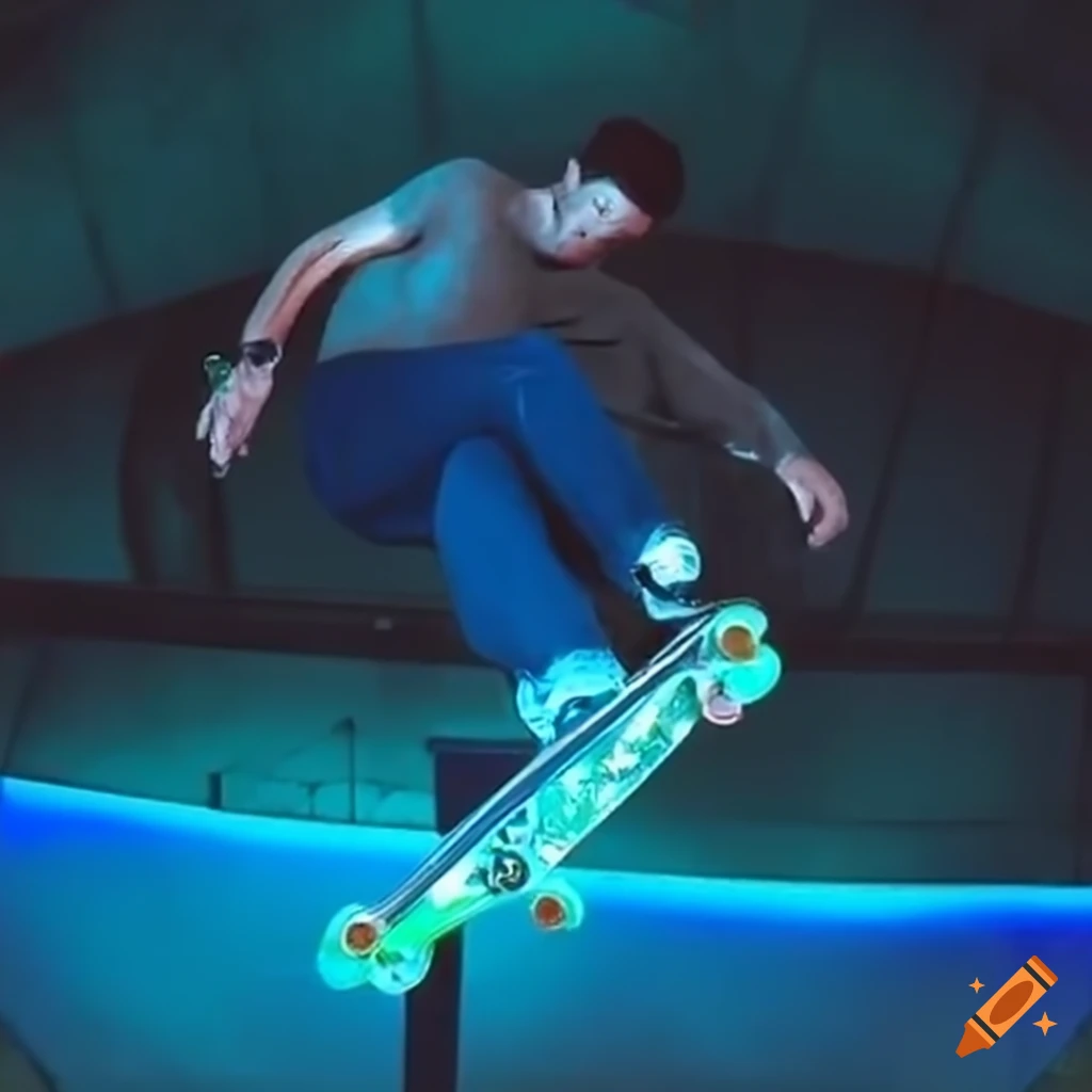 Tony hawk skateboarding on a glowing glass vert ramp with aliens ...