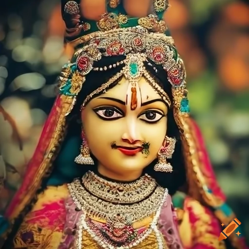 Enchanting depiction of Radha Rani with devotees in a serene garden ...