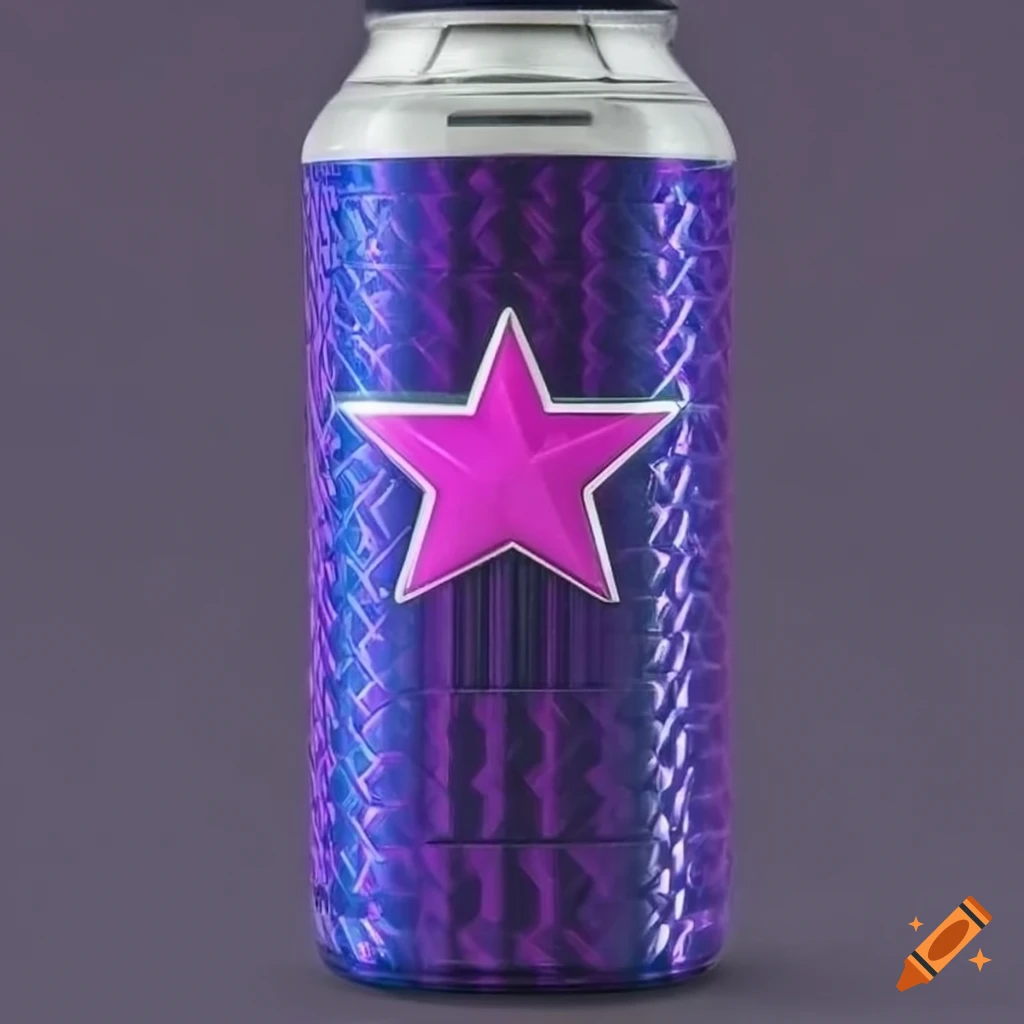 Purple energy drink can with a yellow star emblem on Craiyon