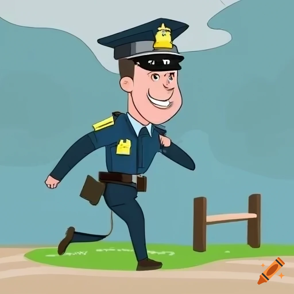 Policeman chasing criminals in the park in cartoon style on Craiyon