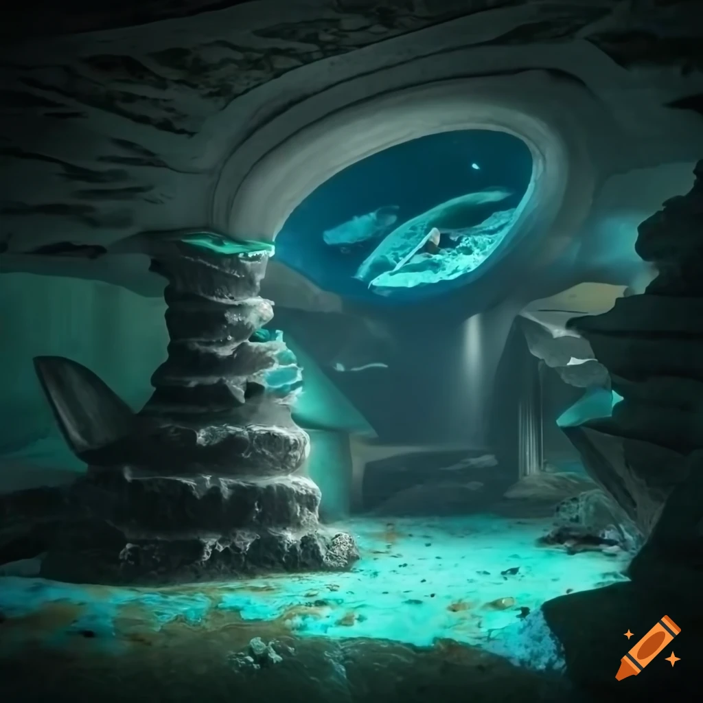 Futuristic spaceship lounge cave with luminescent algae, glowing quartz ...