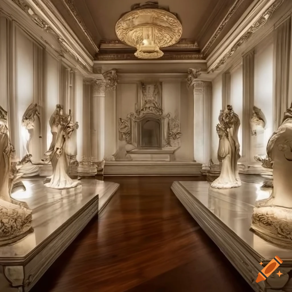 Room with six stone statues portraying human emotions on Craiyon