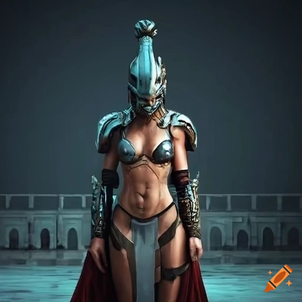 Female gladiator in futuristic armor victorious in arena on Craiyon