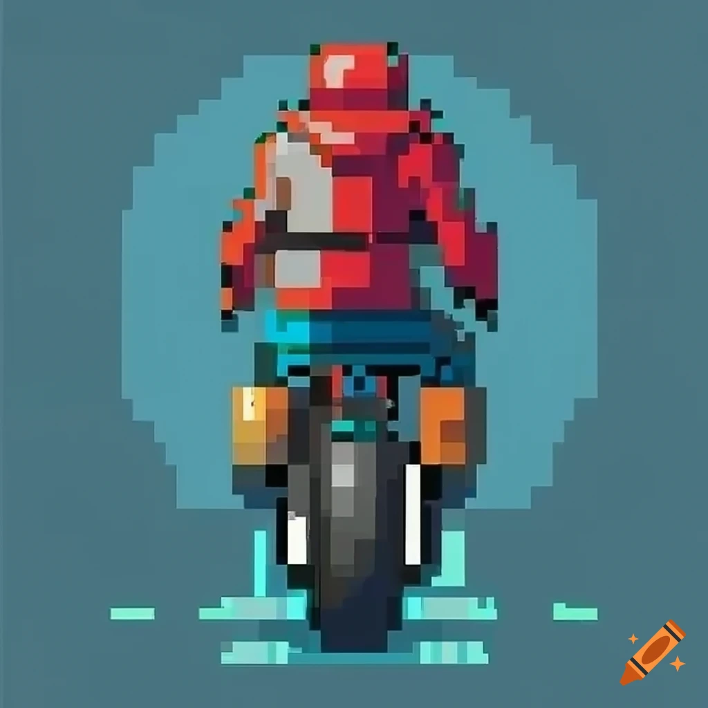 Pixel art of a motorbike rider viewed from the rear in a retro game ...