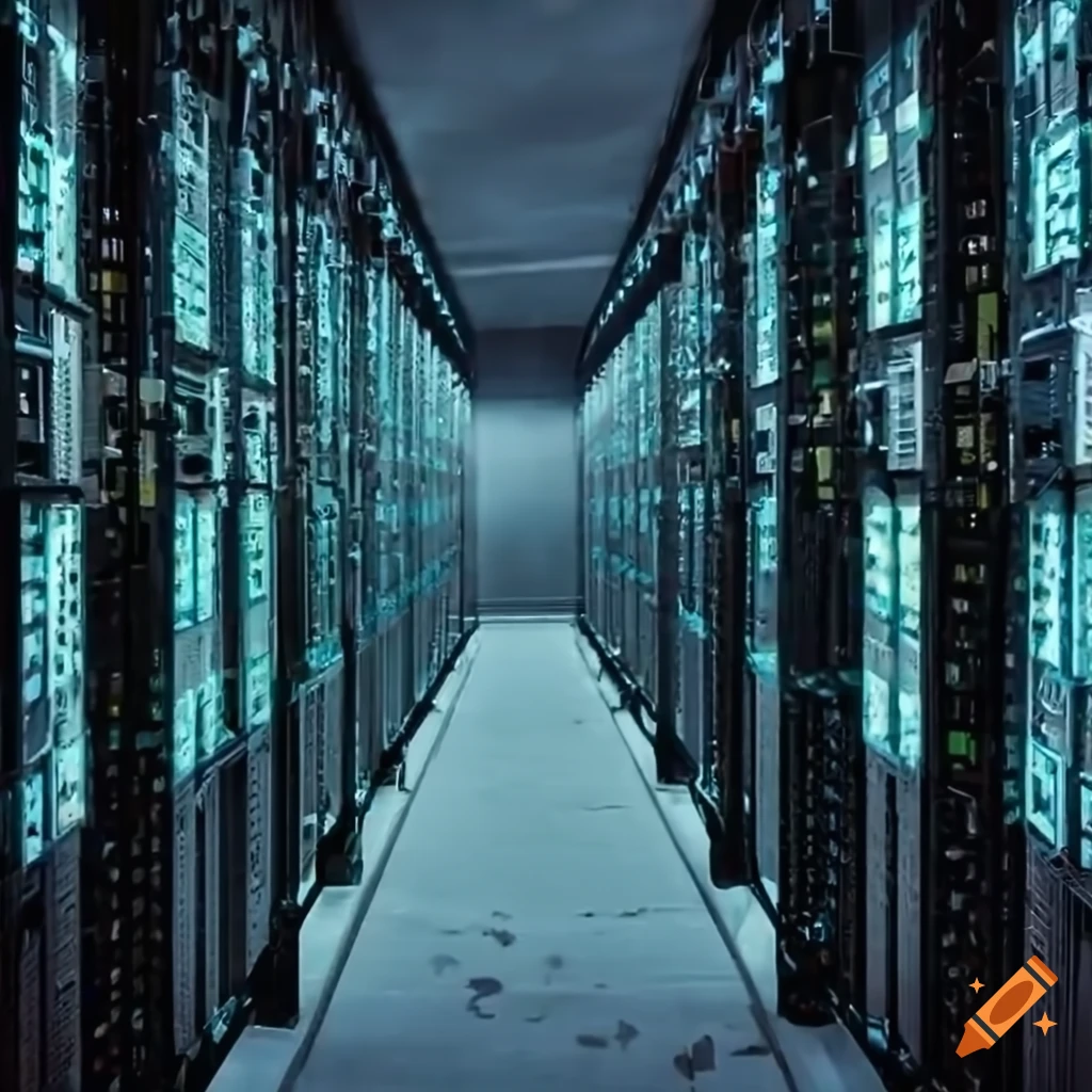 Creepy datacenter under a waterfall with servers and computer racks on ...