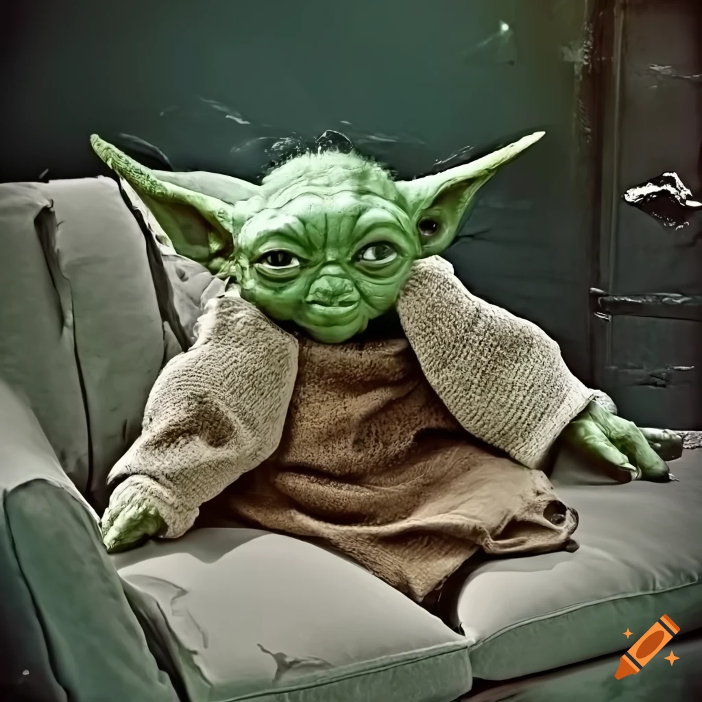 Young Yoda-like character sitting on a damaged sofa on Craiyon