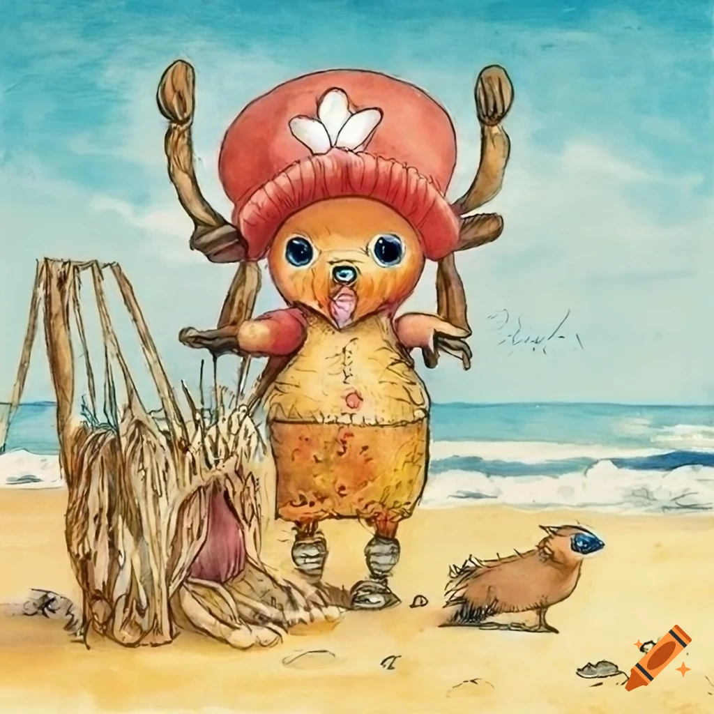 Tony Tony Chopper at the beach in storybook illustration style on Craiyon