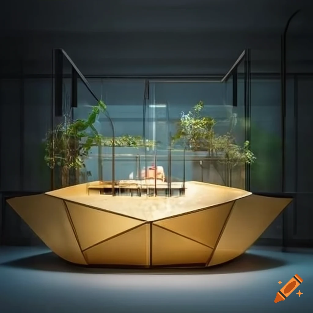 Space-age glass and limestone coffee shop pod with plants inside on Craiyon