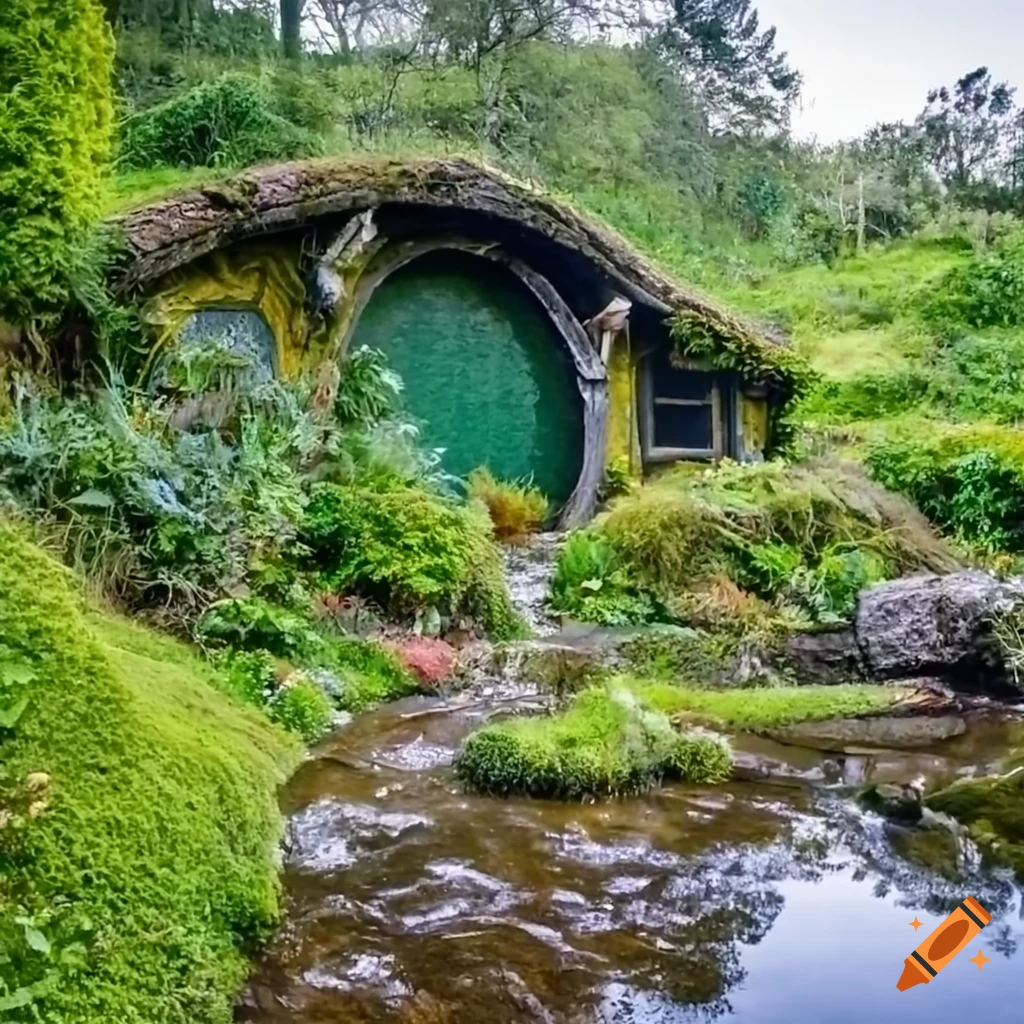 Mossy hobbit house surrounded by greenery and potted flowers near a ...