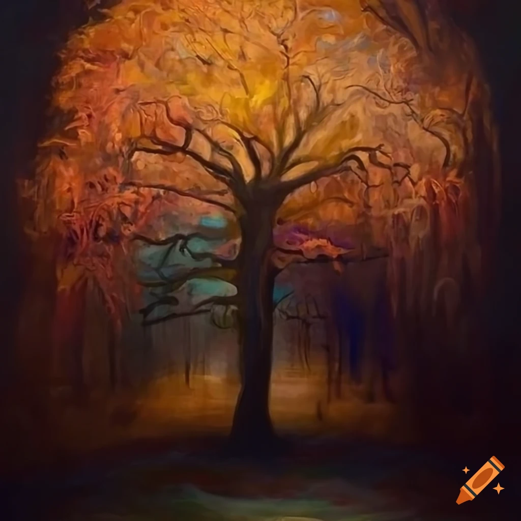 Deep, richly colored painting featuring a central tree with intricate ...