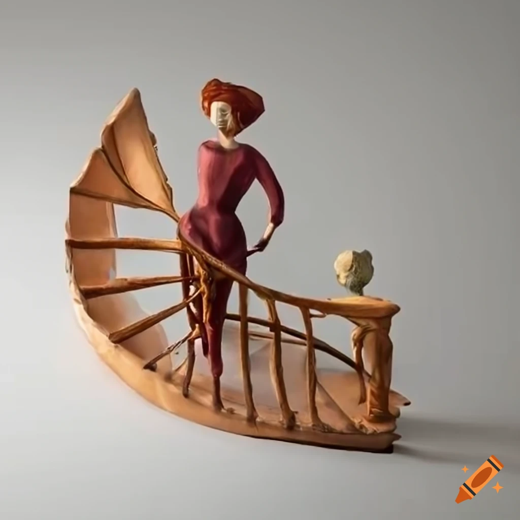 Elegant woman descending spiral staircase in 3D paper mache art on Craiyon