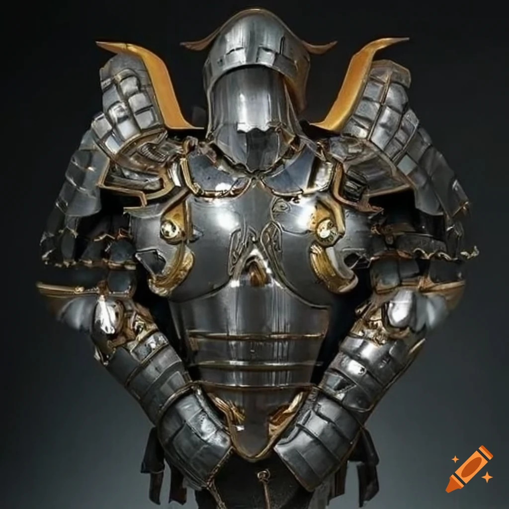 Front view of elaborately decorated heavy body armor on Craiyon