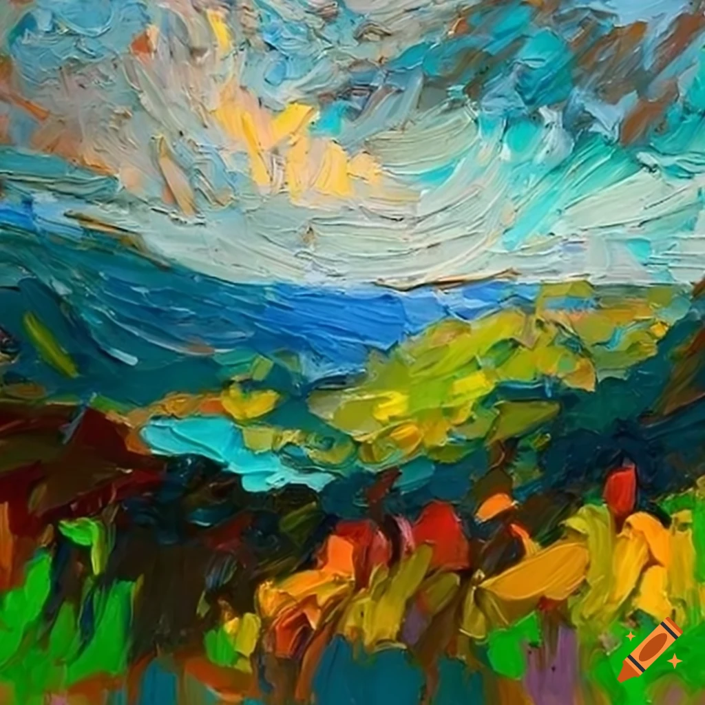 Impasto style painting of a vibrant landscape with a serene fjord and ...