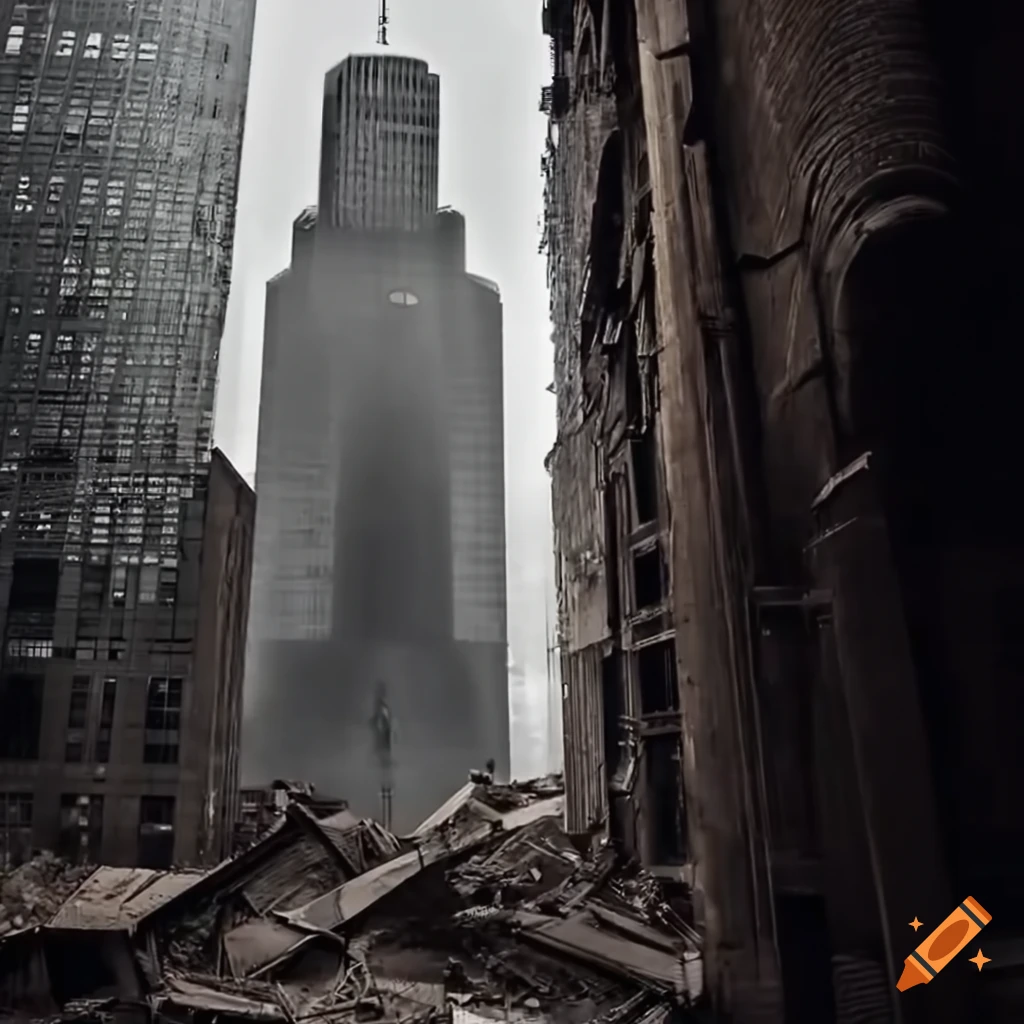 Willis Tower in Chicago crumbling in a post-apocalyptic setting on Craiyon