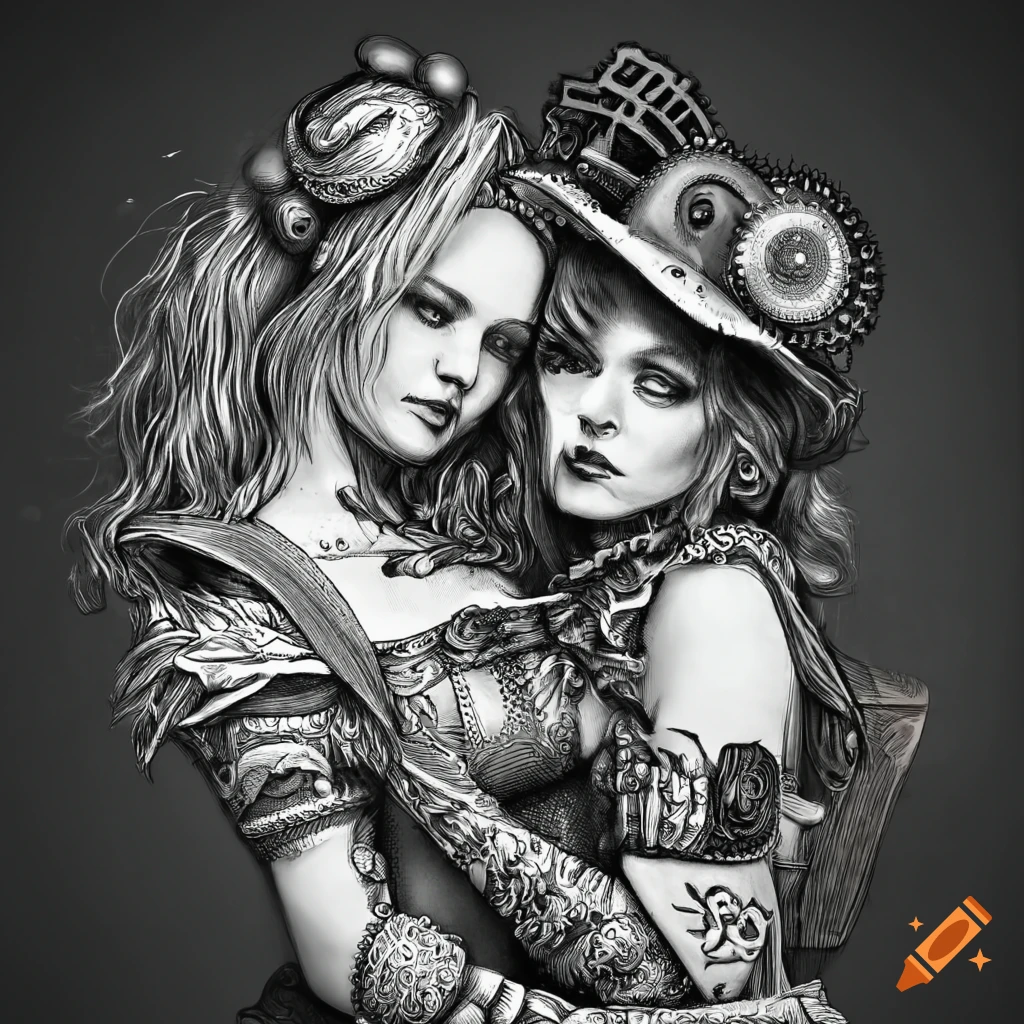 Steampunk girls emracing in an intricate black and white engraving on ...