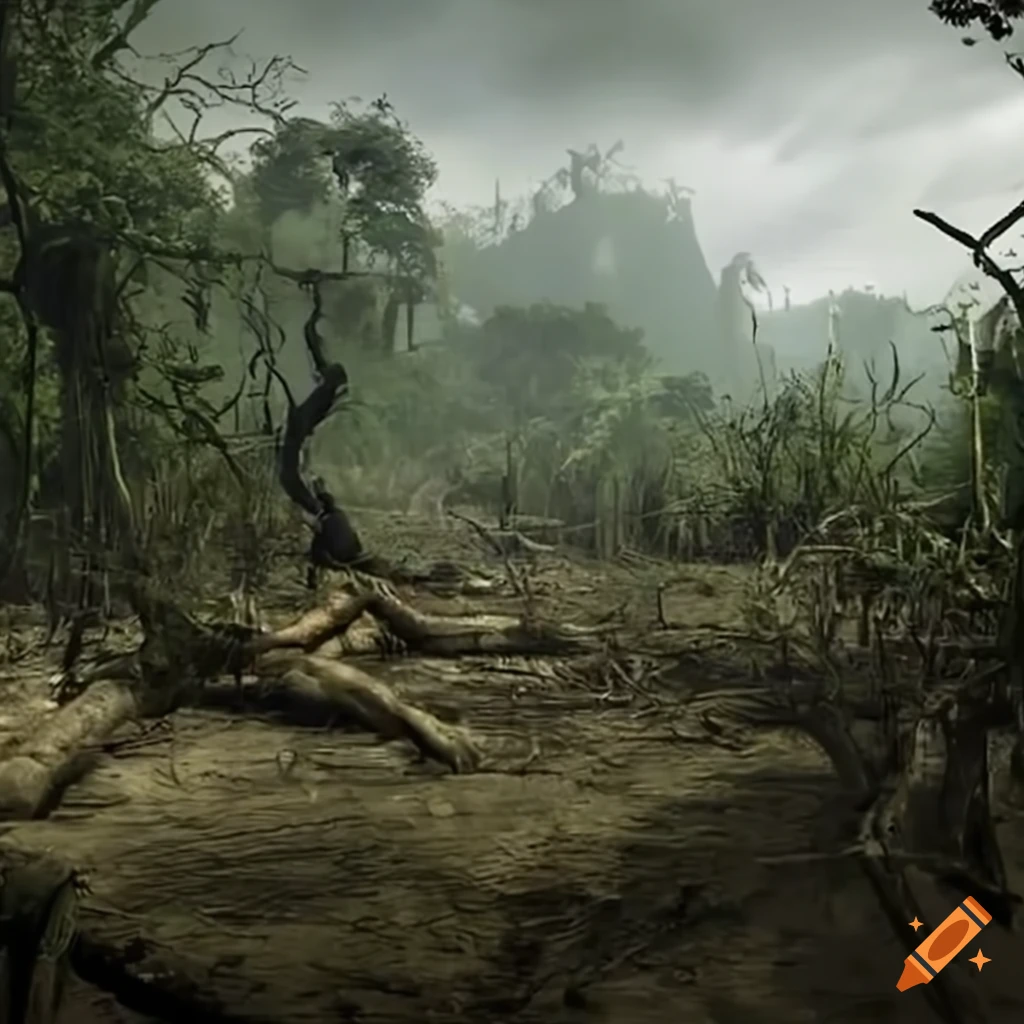 War-torn jungle landscape on Craiyon