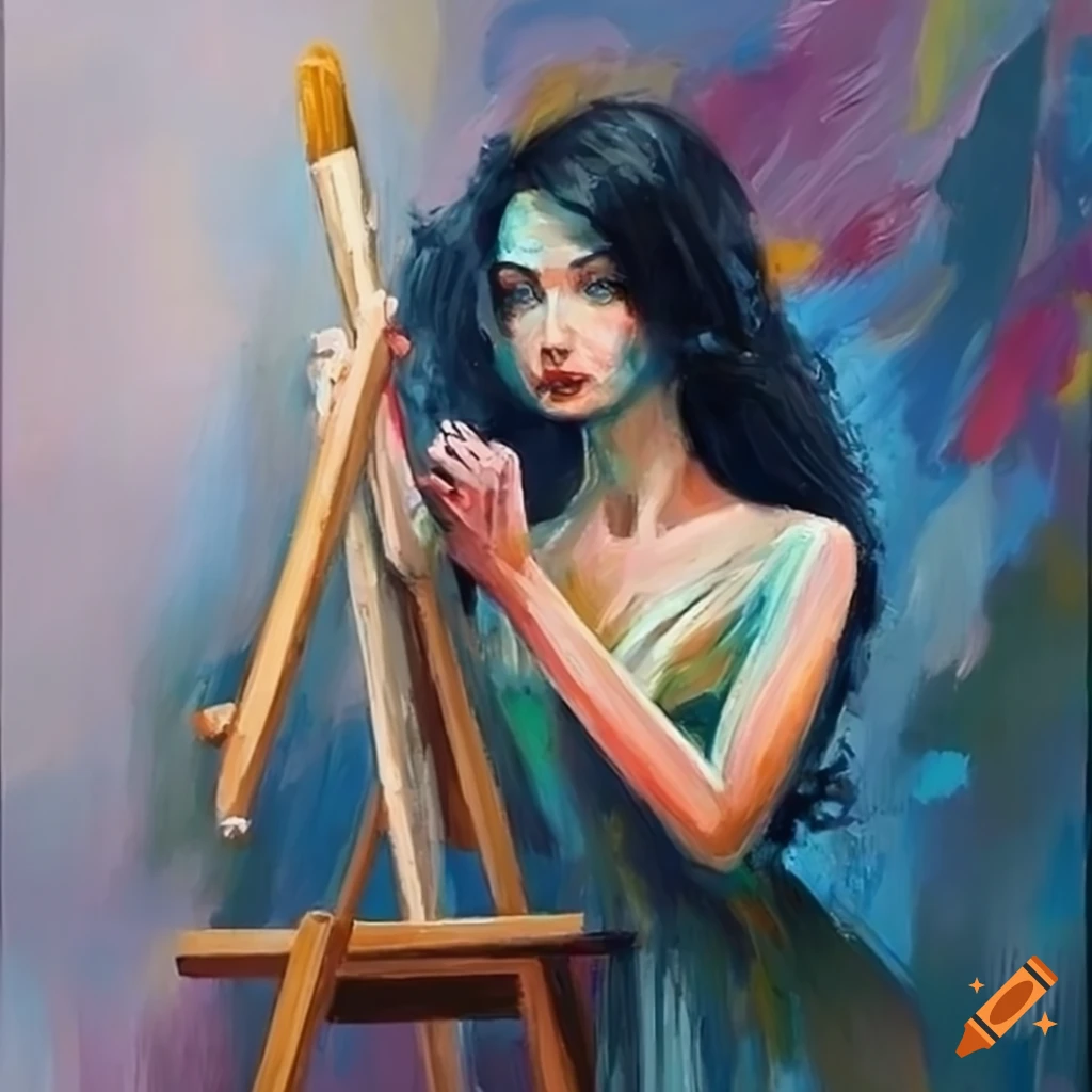 40-year-old woman painter with black hair working on an easel on Craiyon