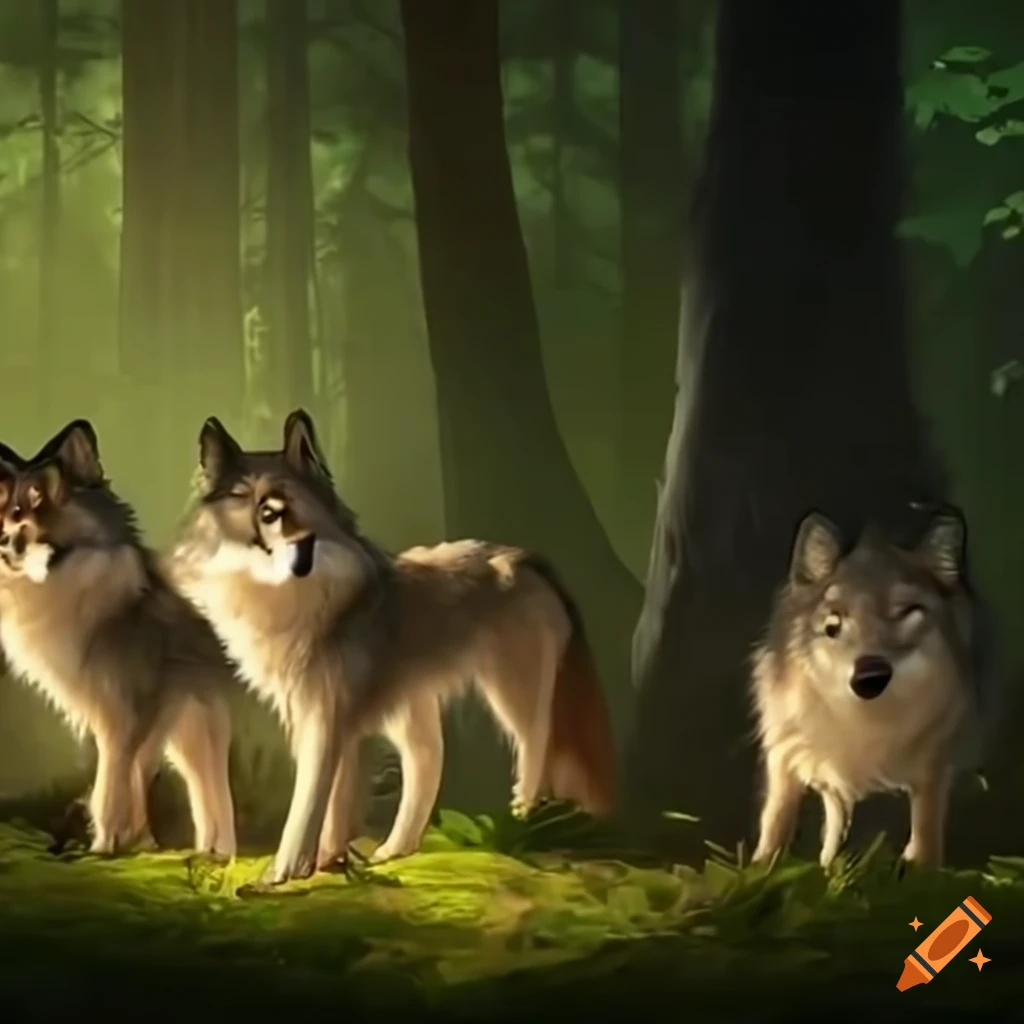 Three animated wolves standing in a magical forest on Craiyon