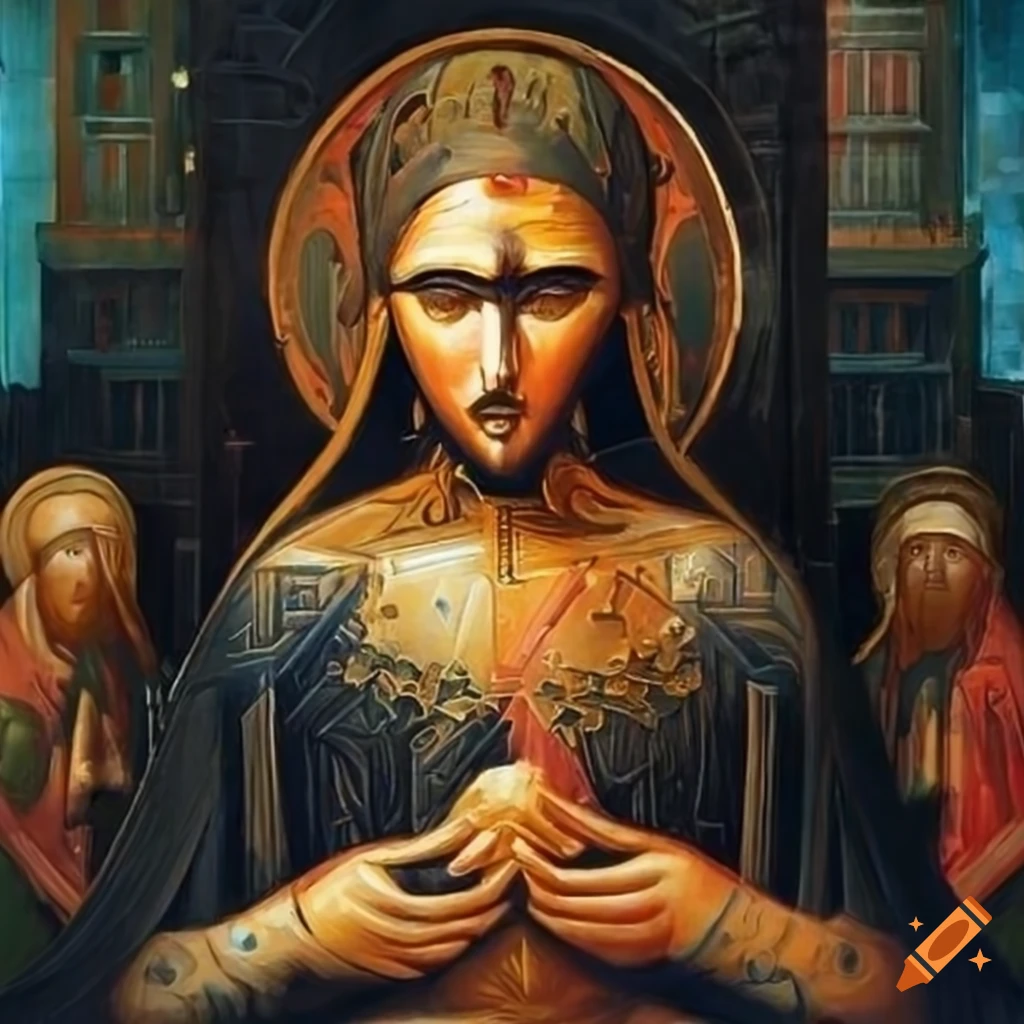 Futuristic painting of a medieval russian icon with a moody atmosphere ...