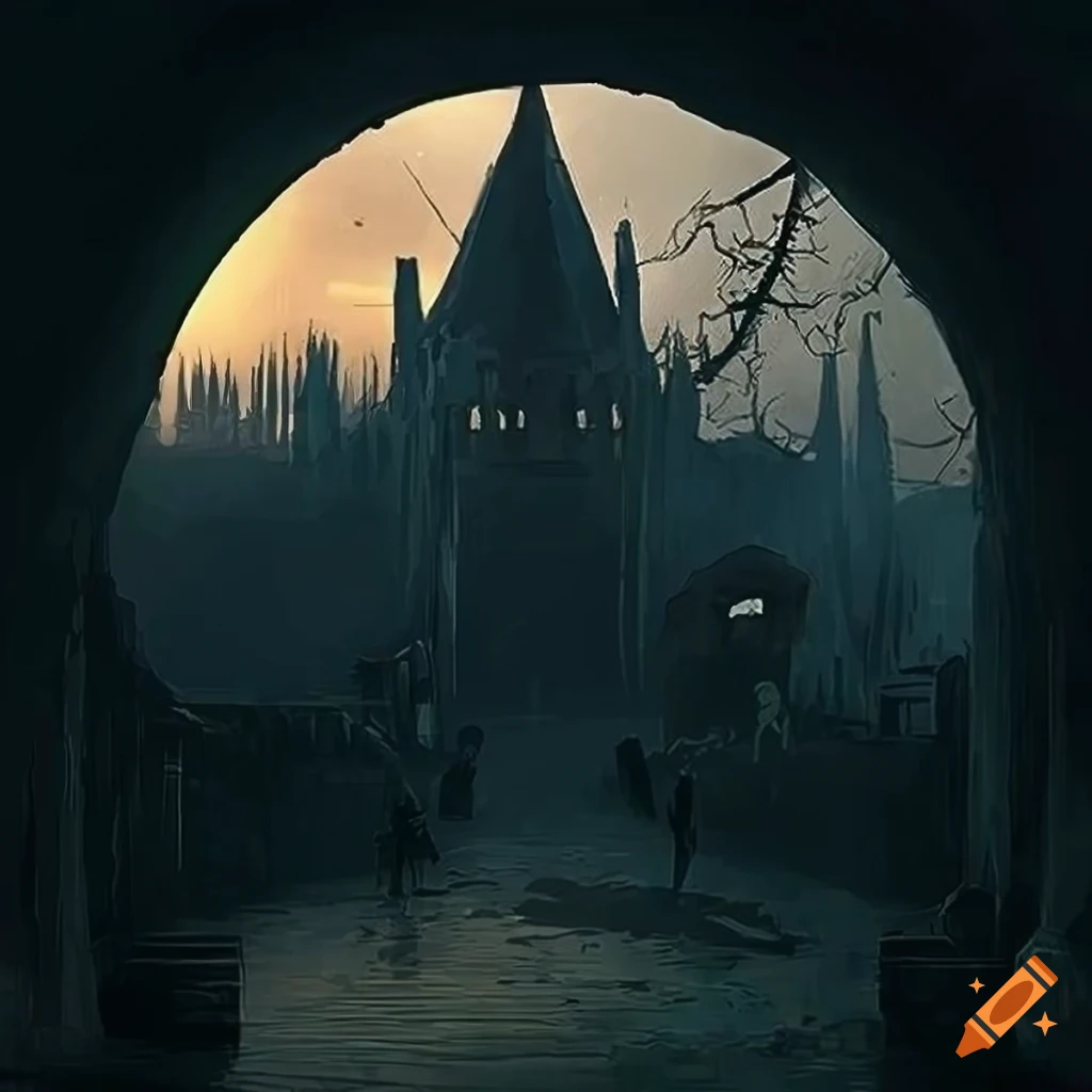 Realistic medieval 80s dark fantasy scene of a ruined city entrance ...