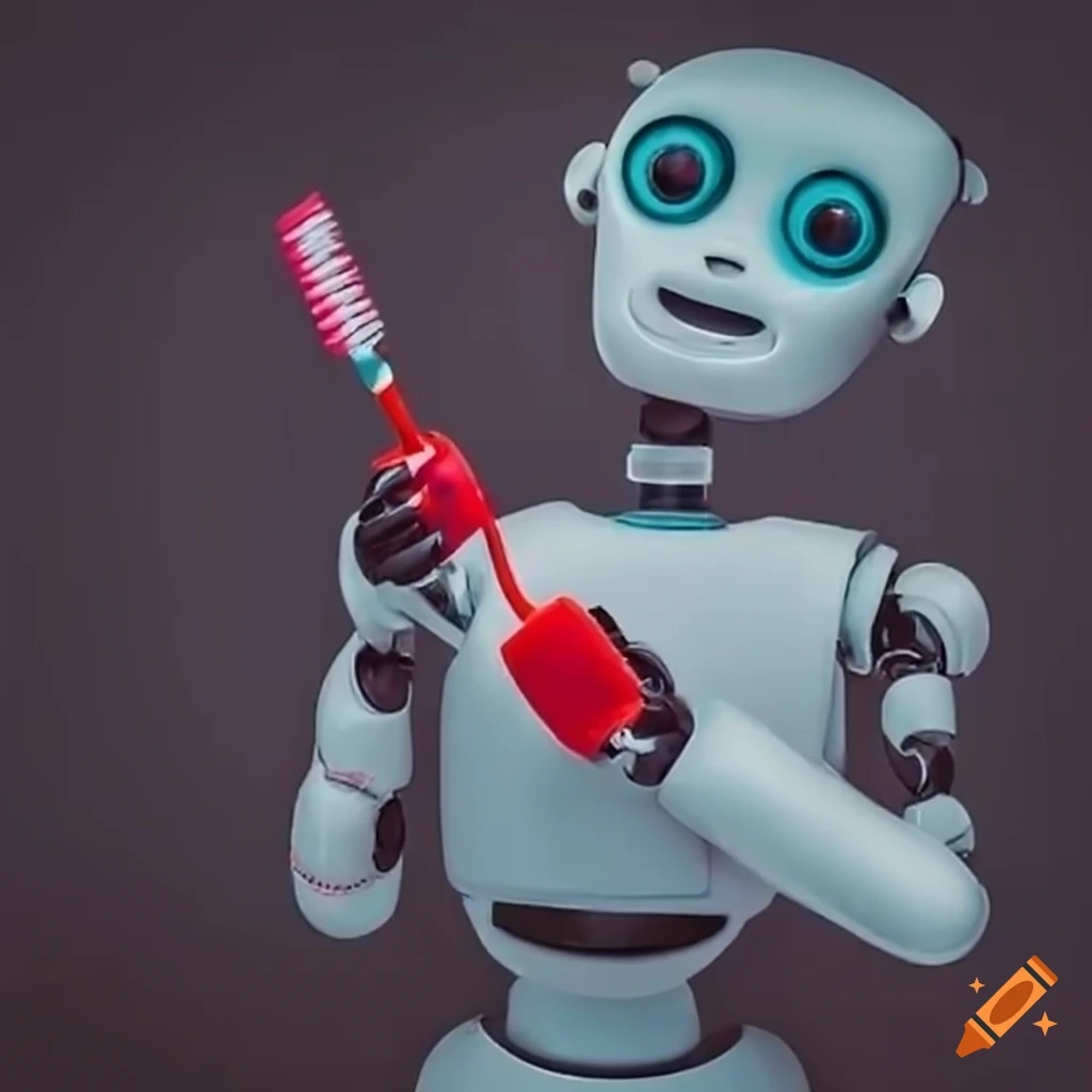Happy robot with a red toothbrush on Craiyon