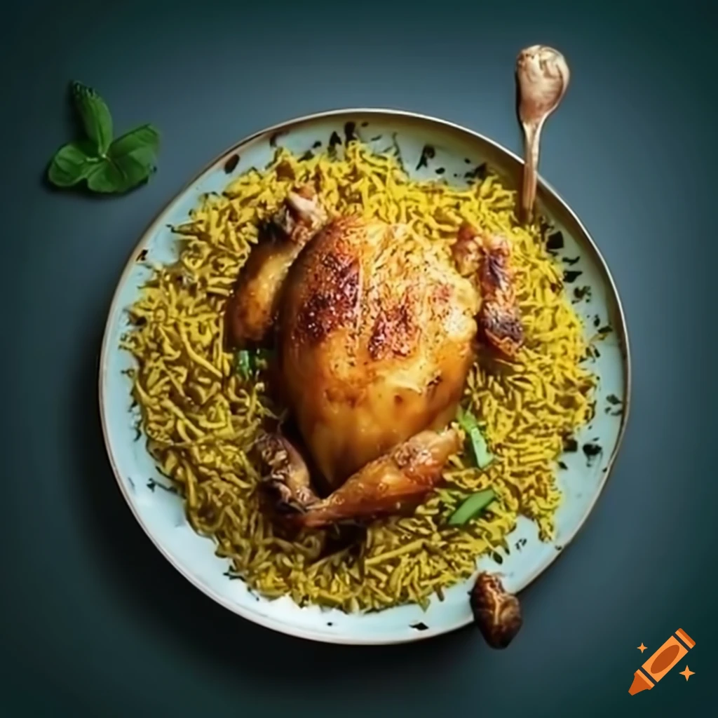 Whole chicken with yellow rice and chaat masala served with mint raita ...
