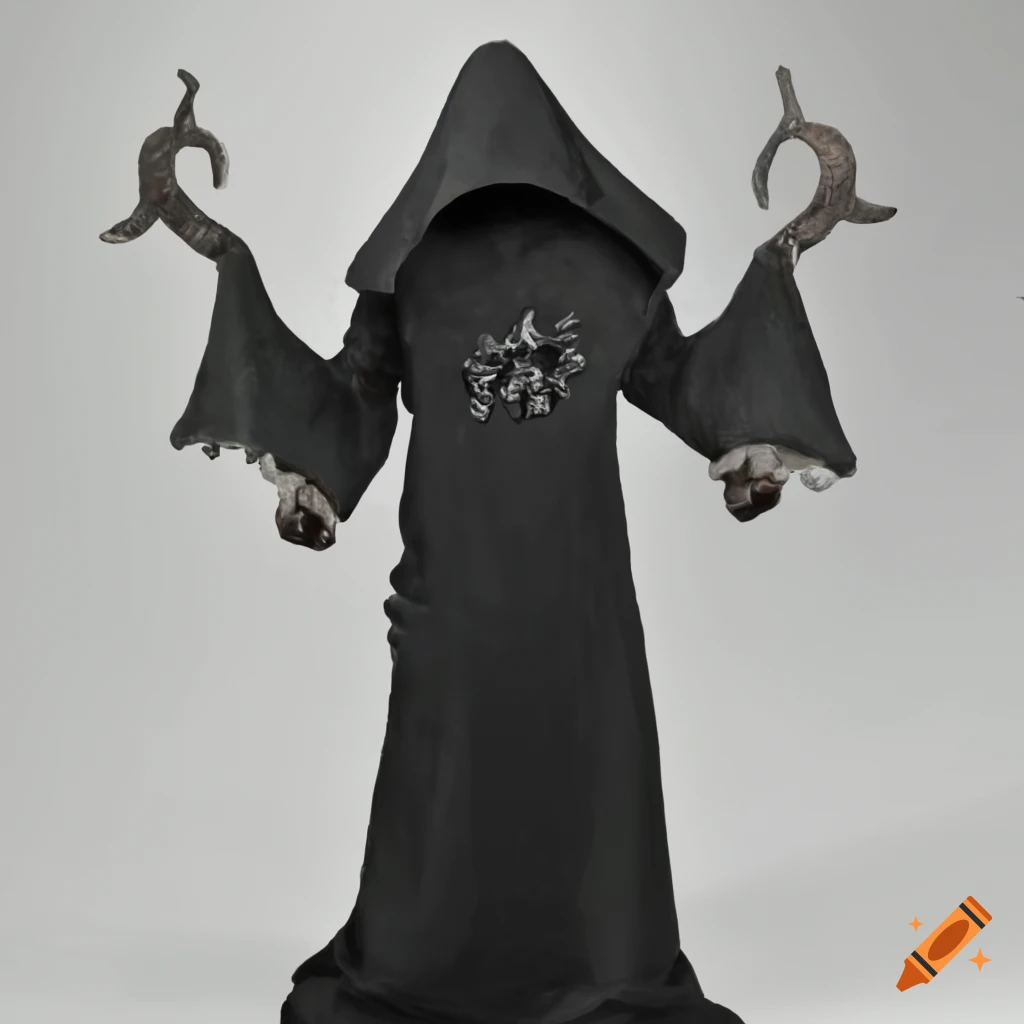 Necromancer holding a necromantic hanger with a hood covering his face ...