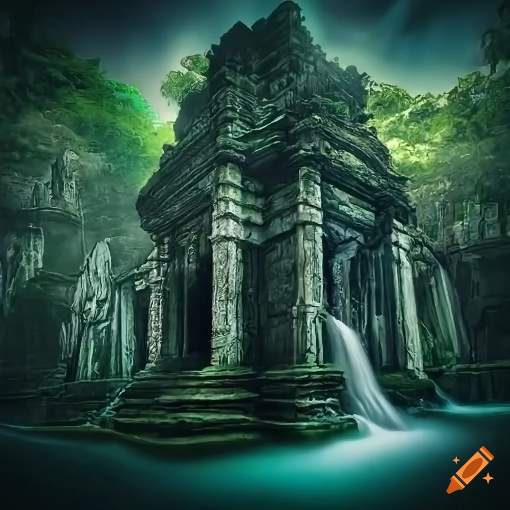 Ancient temple ruins in jungle with a waterfall on Craiyon