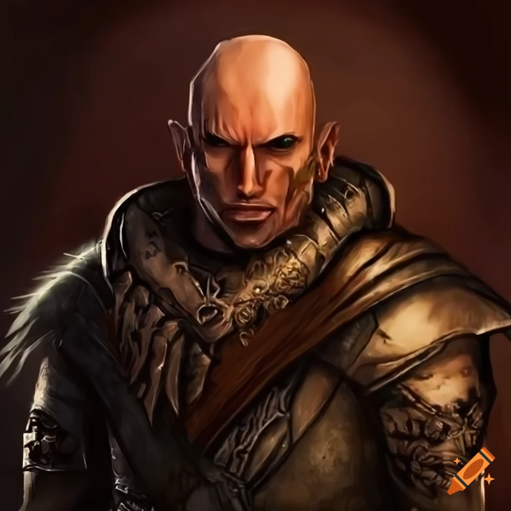Detailed portrait of a bald tattooed male human warrior in neverwinter ...