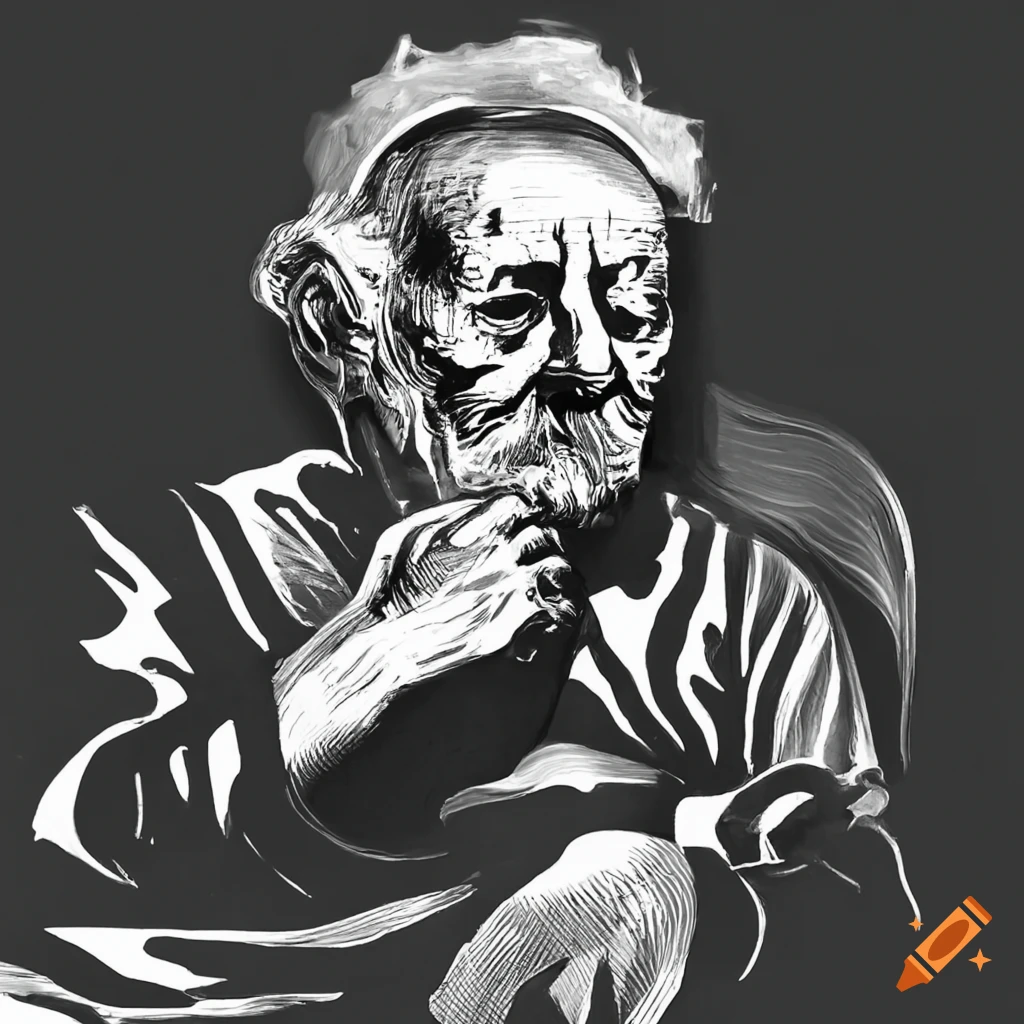 Black and white painting of an old man dissolving into atoms on a couch ...