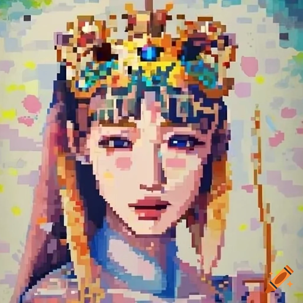 Pixel art watercolor painting of the goddess of time with detailed ...