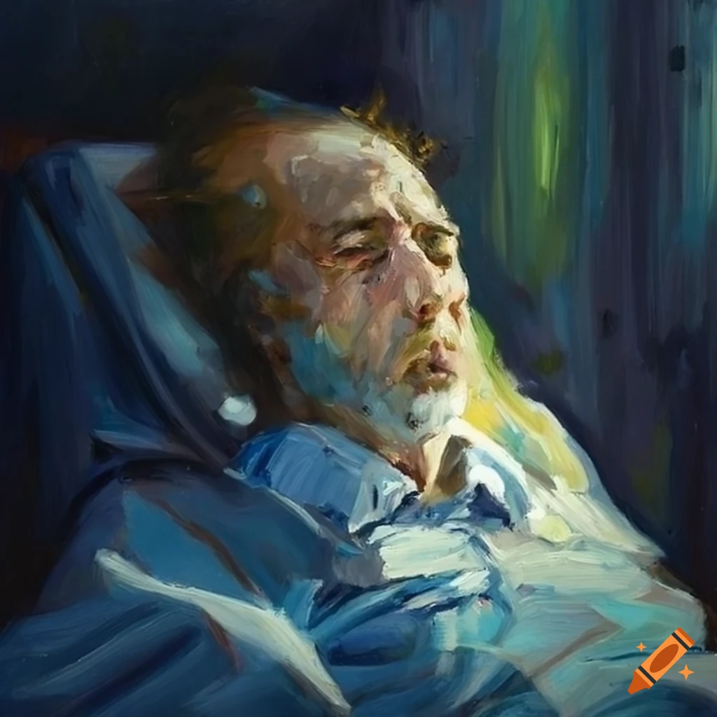 Emotional impressionist-style painting of a sick man seeking comfort in ...