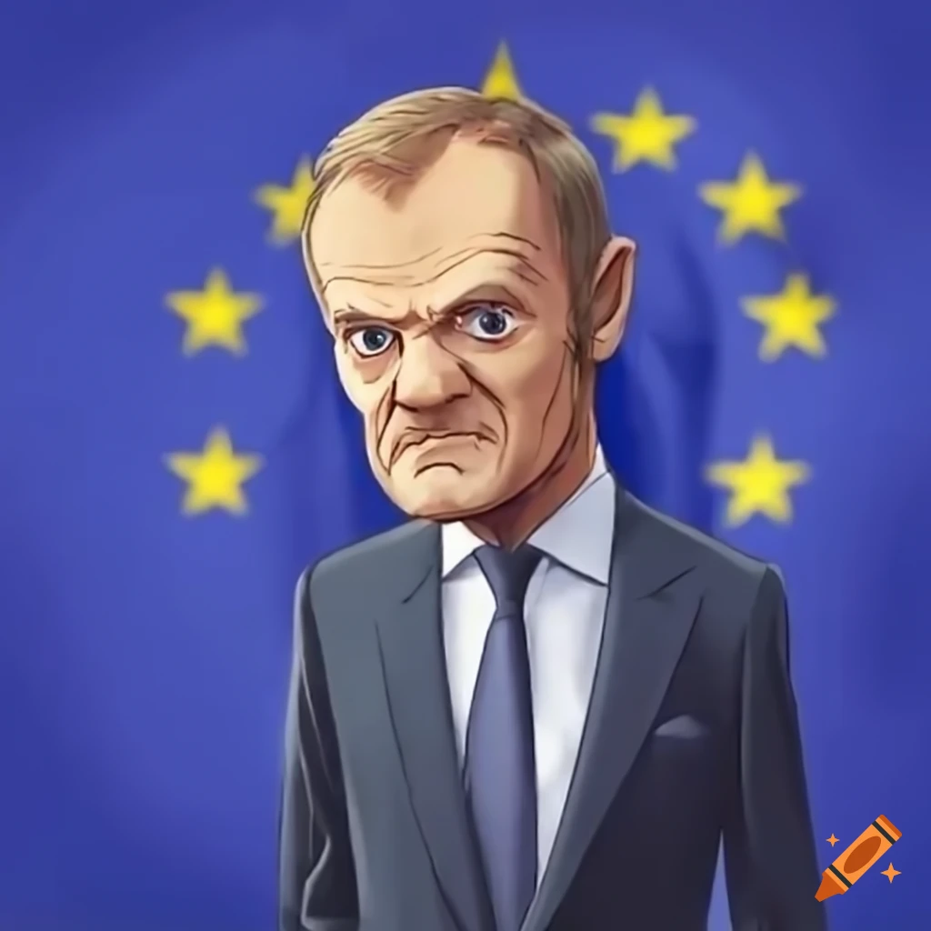 Anime character of Donald Tusk with EU flag in backdrop on Craiyon