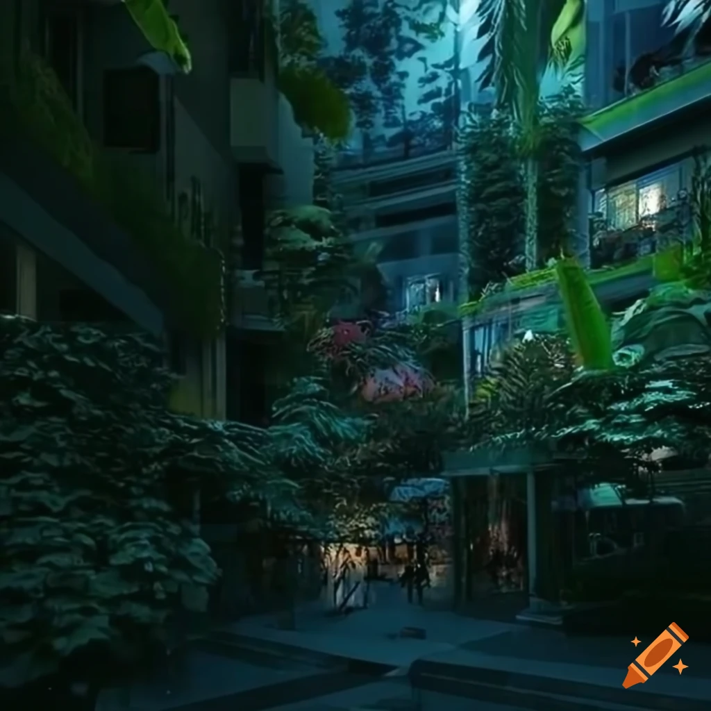 80s shopping mall with overgrown tropical plants in a dark fantasy ...