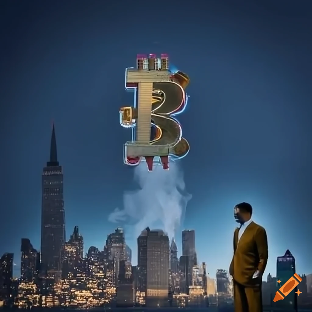 South Asian man with a giant gold Bitcoin on a skyscraper overlooking ...