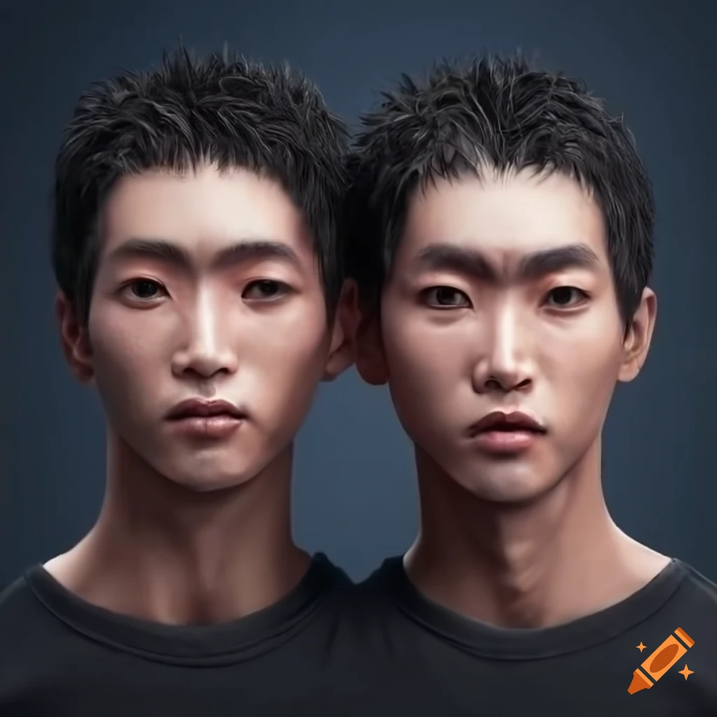 Portrait of strong adult Japanese twin brothers with cold stares on Craiyon