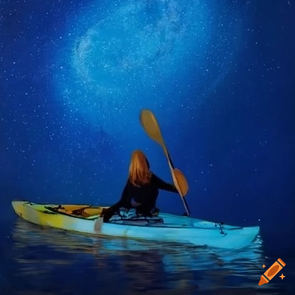 Woman paddling a kayak under the cobalt blue Milky Way in Marc Chagall ...