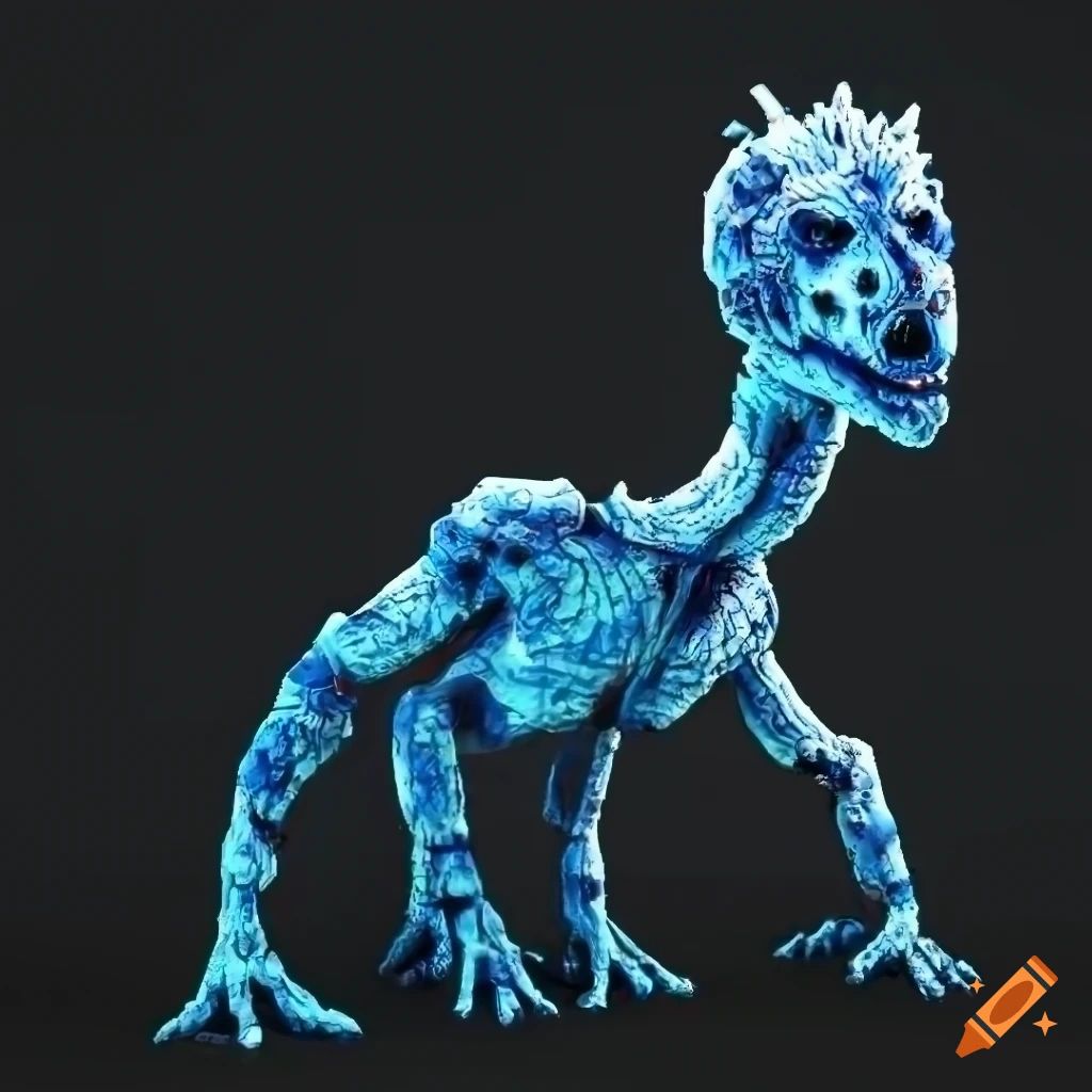 Detailed blue-ish ascii sci-fi creatures on white glyphs, black ...