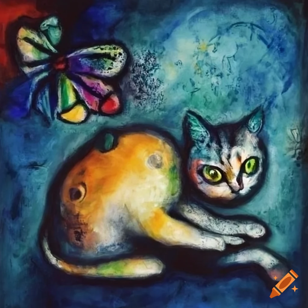 Cat playing with butterfly in the style of Marc Chagall on Craiyon
