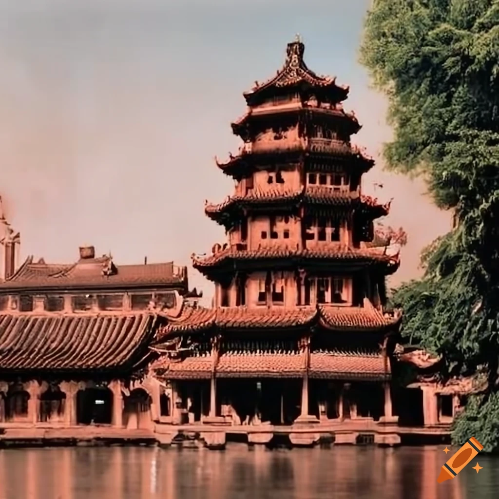 Front view of a tall traditional chinese building in west bund, china ...
