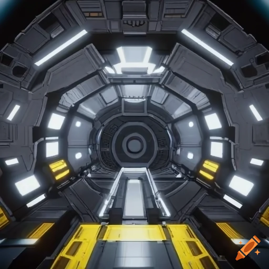 Grey-yellow sci-fi spaceship over a space station landing area in space ...