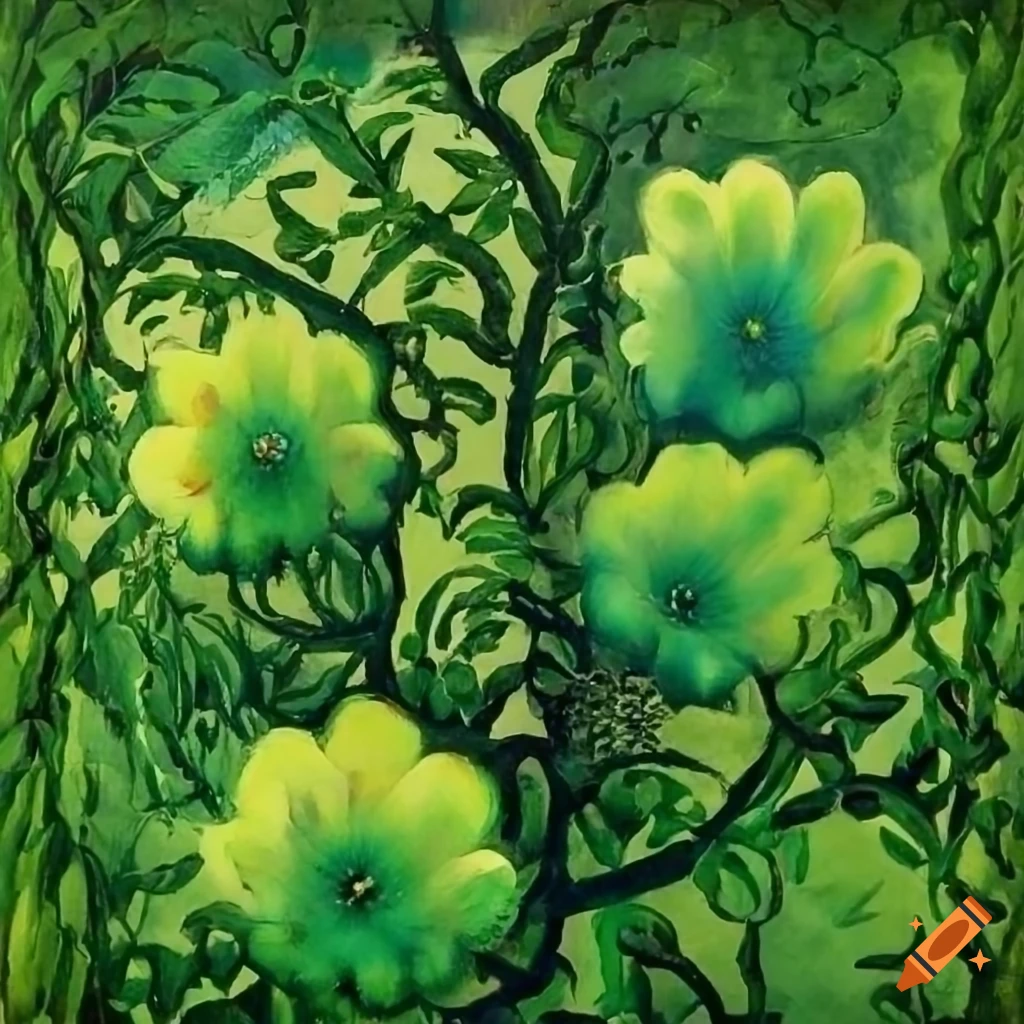 Surreal painting of vibrant green flowers and woven vines inspired by ...