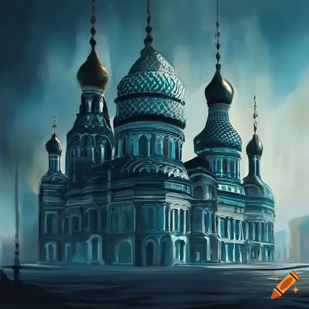 Futuristic painting of a medieval russian cathedral icon with a moody ...