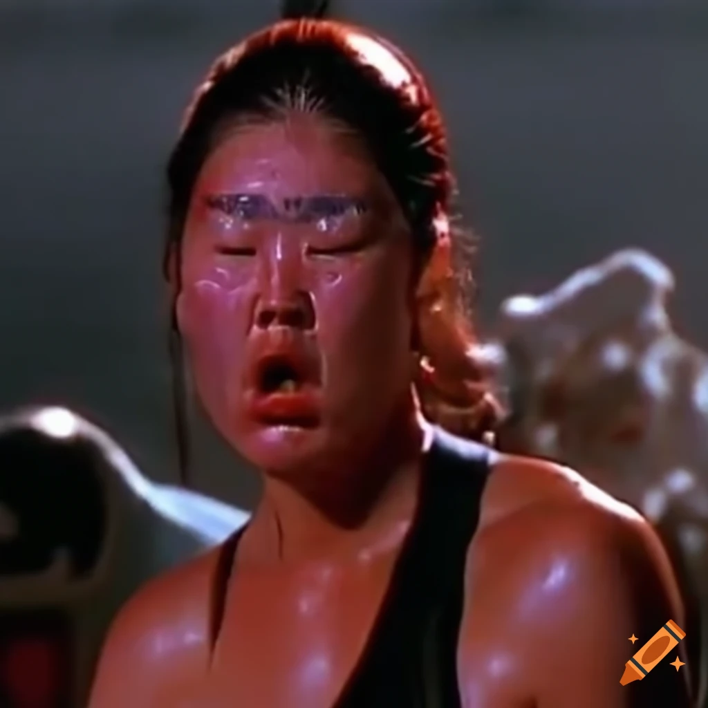 Expressive closeup of japanese female fighter in a 90's movie scene on ...