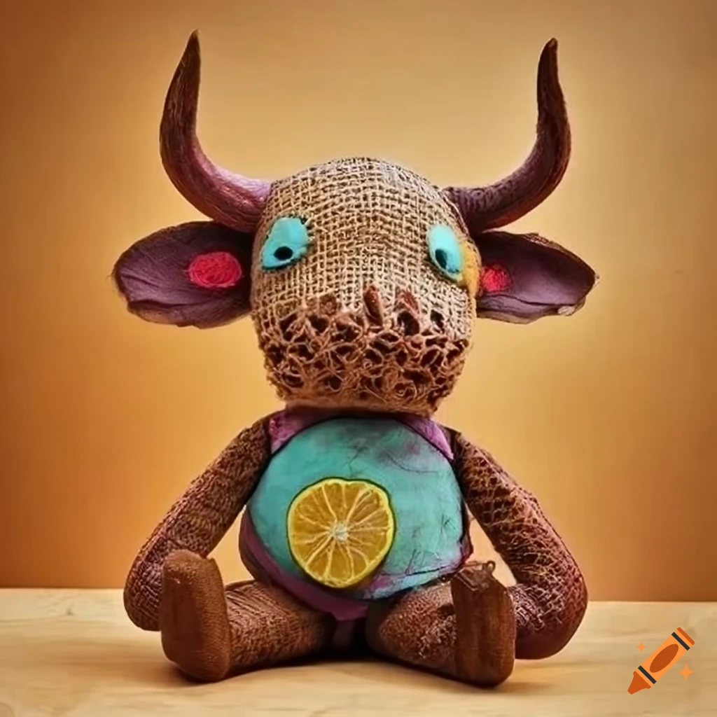 Cute bull in vintage patchwork design with colorful patterns and a lemon heart on Craiyon
