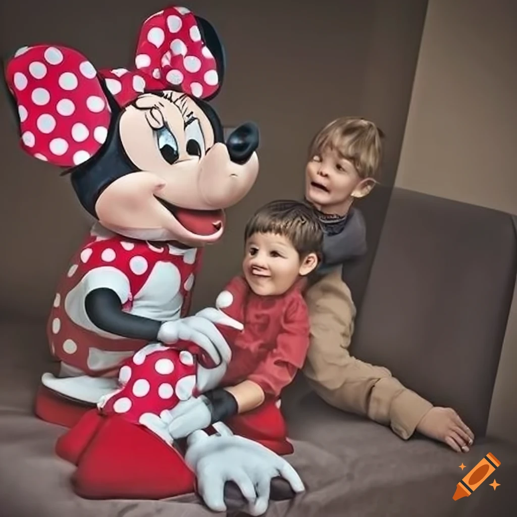 Minnie mouse robot carrying a boy to a cozy corner and hugging him on ...